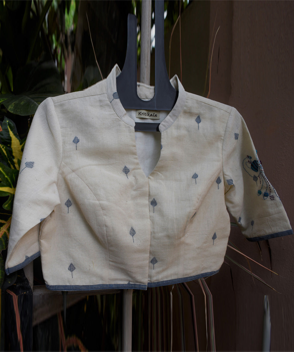 White blue handcrafted cotton jamdani blouse – GoSwadeshi