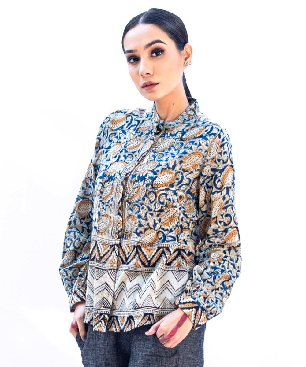Blue handcrafted kalamkari cotton shirt with mandarin collar – GoSwadeshi