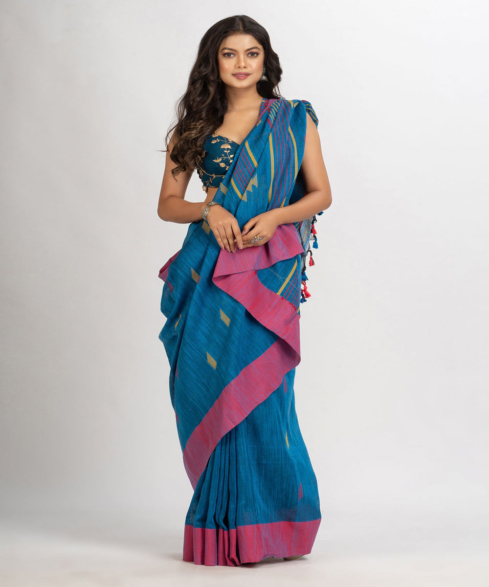 Sky blue pink handwoven cotton bengal saree – GoSwadeshi