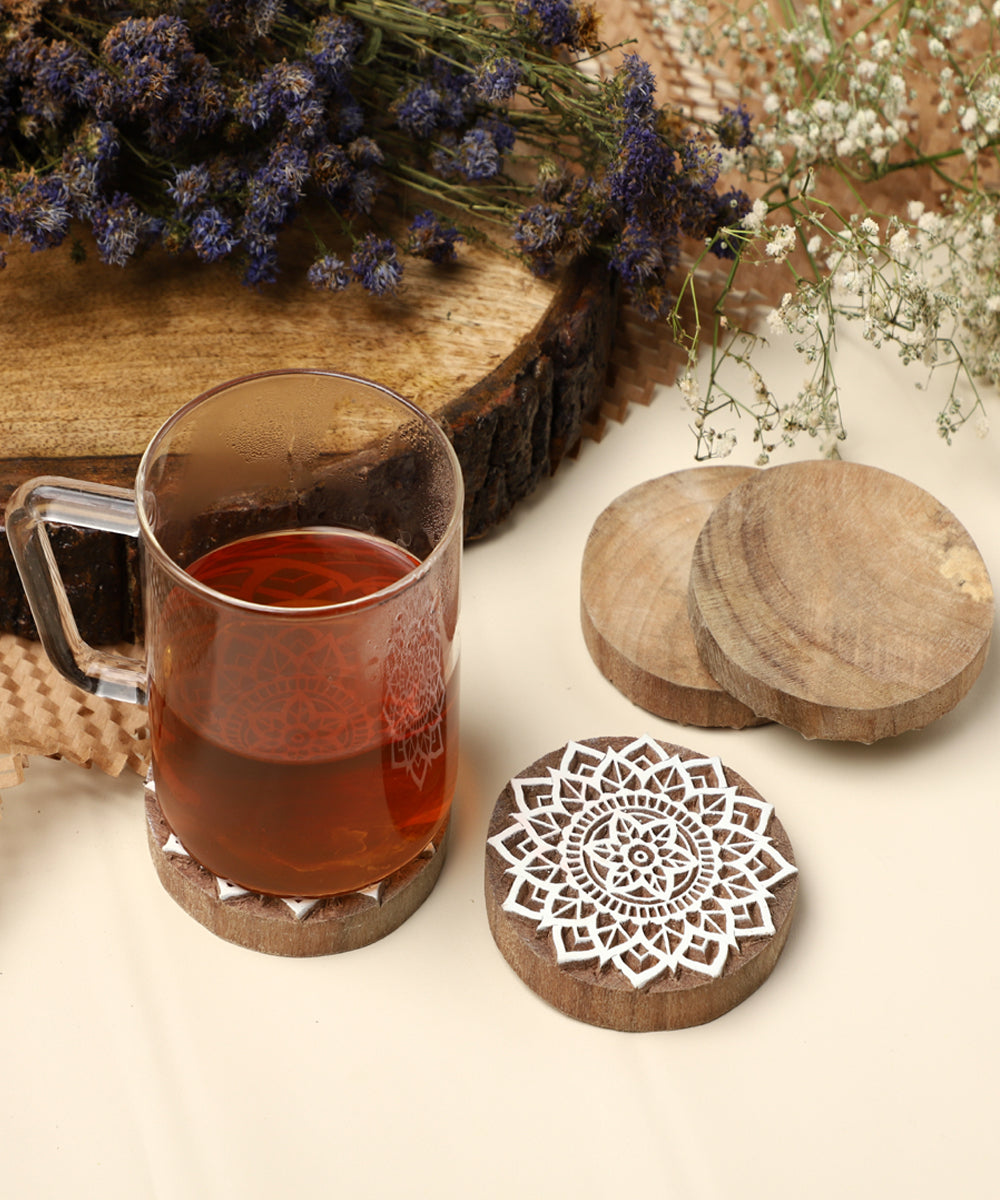 POTLI handmade wooden hand carved coasters set of 4 (lotus) – GoSwadeshi