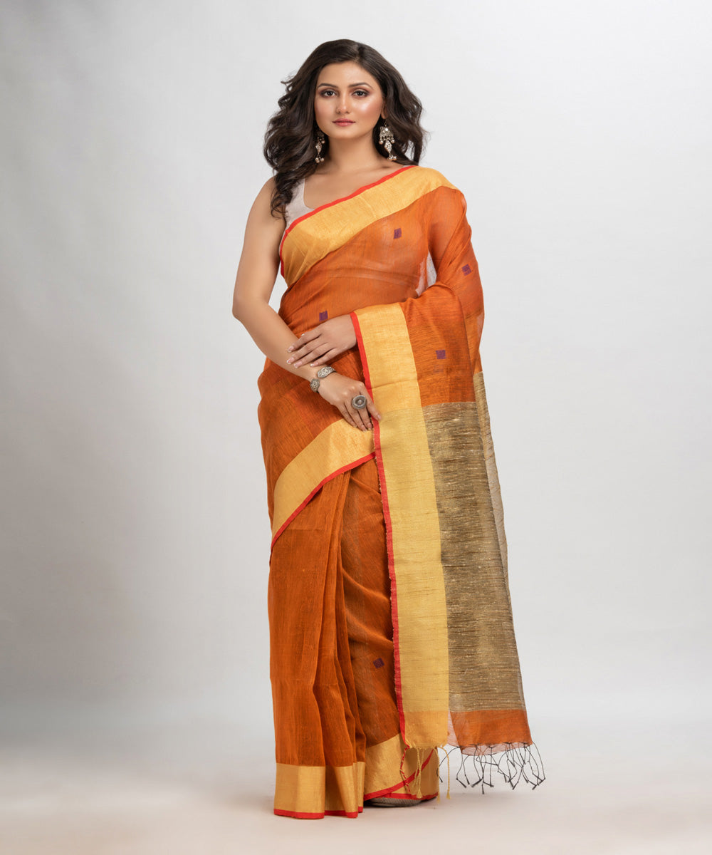 Russet handloom silk blend linen bengal saree – GoSwadeshi