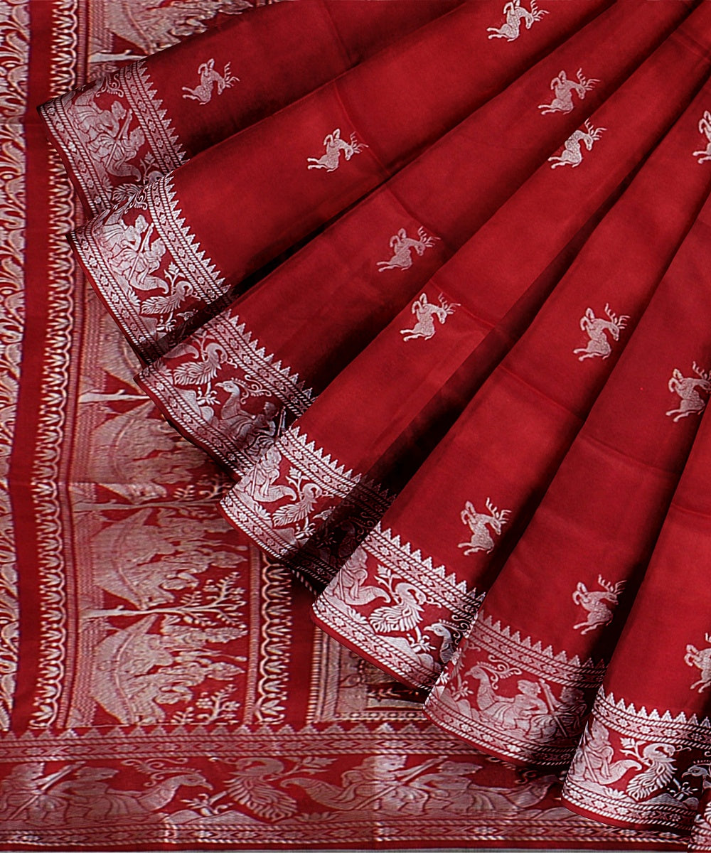 Red white silk handwoven baluchari saree – GoSwadeshi