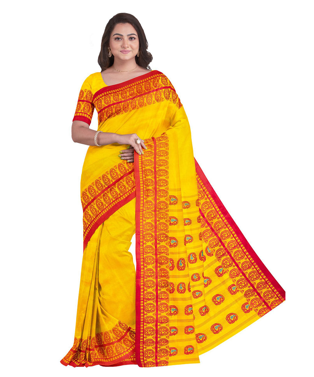 Biswa bangla yellow red garod silk handlom saree – GoSwadeshi