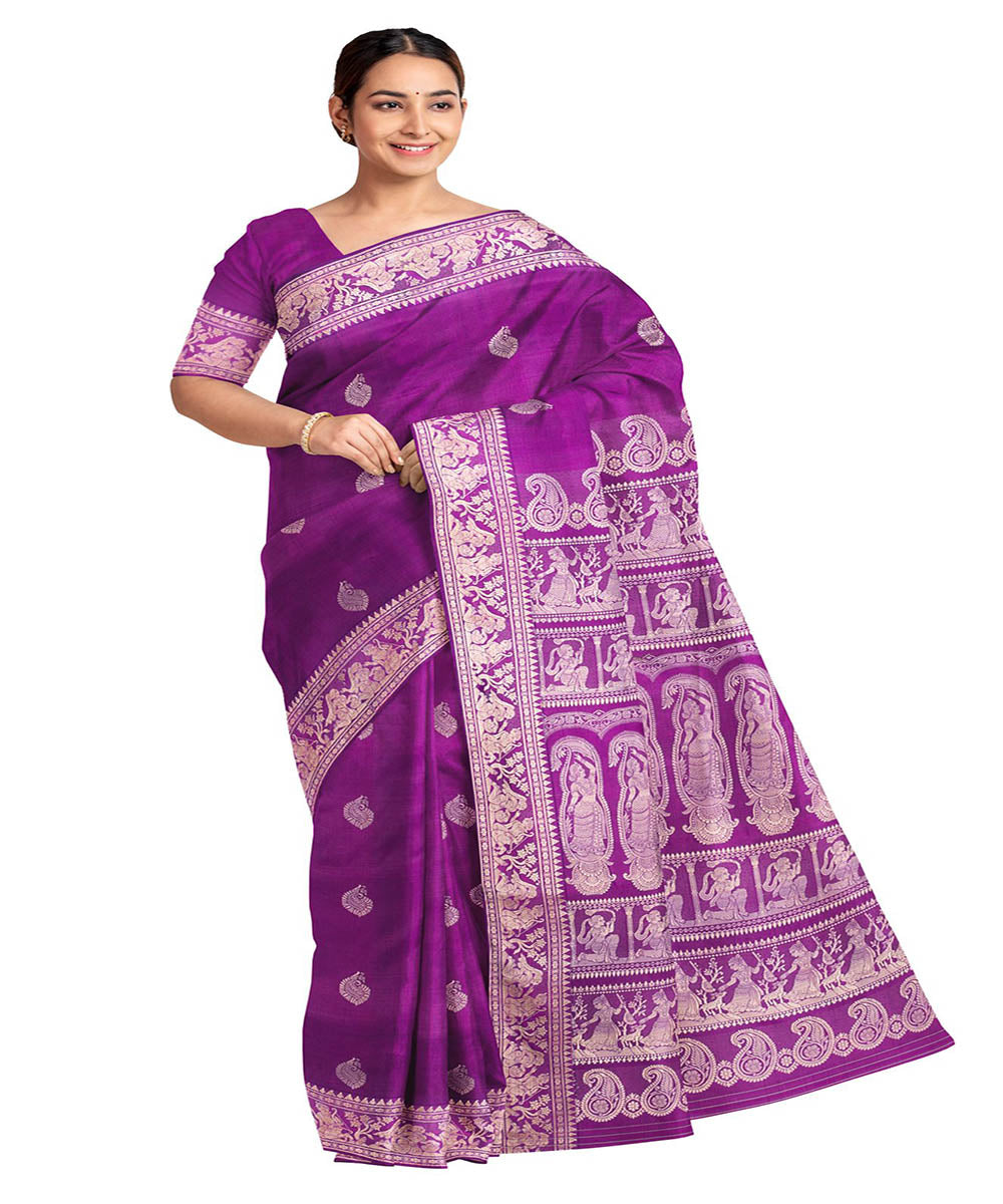 Biswa bangla purple zari handwoven baluchari silk saree – GoSwadeshi