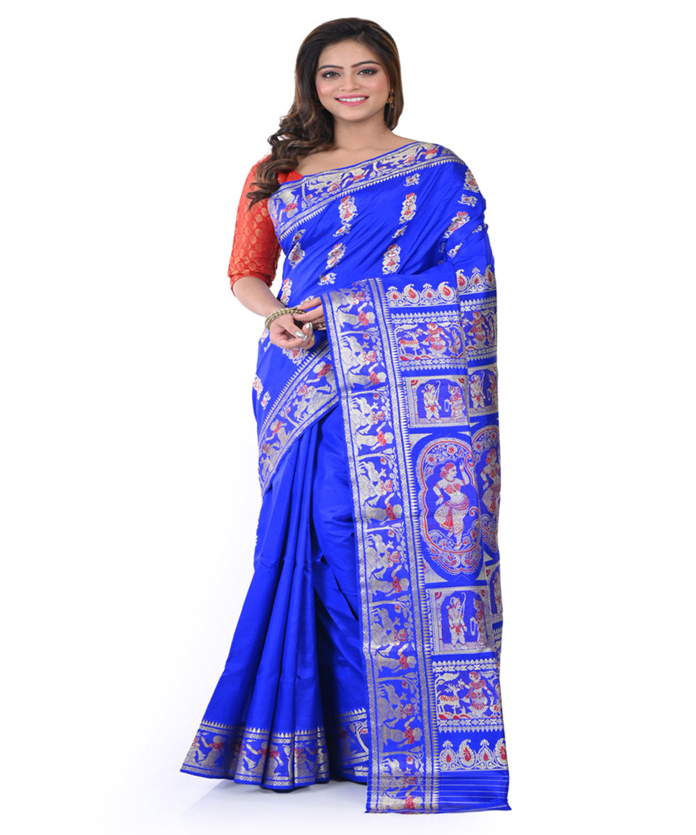 Navy blue handwoven traditional baluchari silk saree – GoSwadeshi
