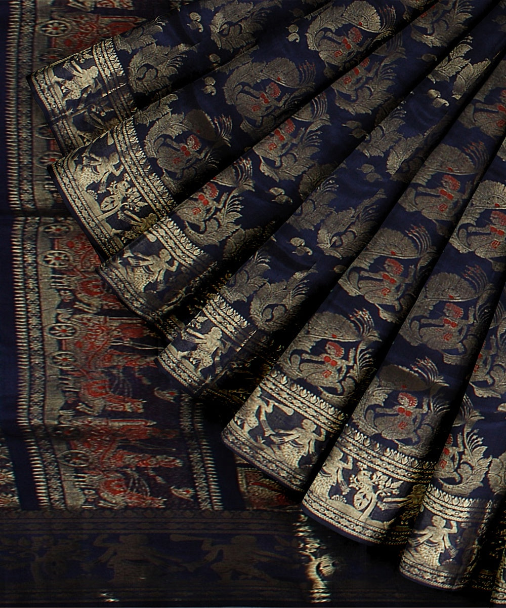 Navy blue handwoven swarnachari baluchari silk saree – GoSwadeshi