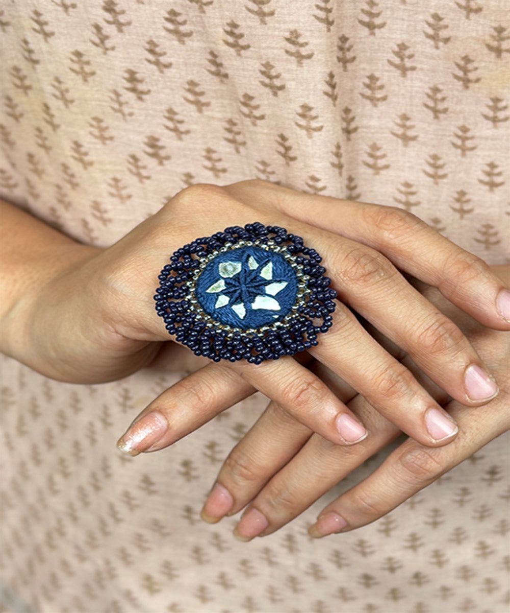 Blue handcrafted patwa bead work ring – GoSwadeshi