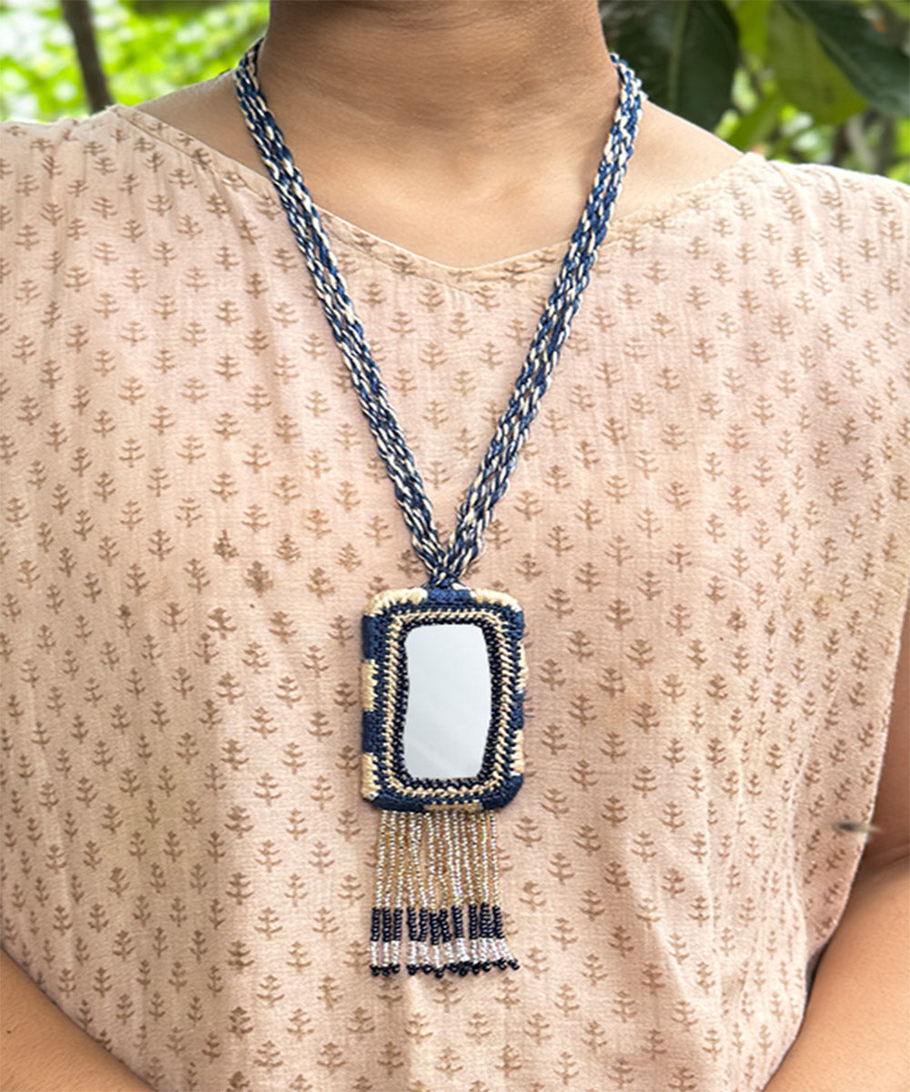 Blue cream handcrafted patwa mirror bead work necklace – GoSwadeshi