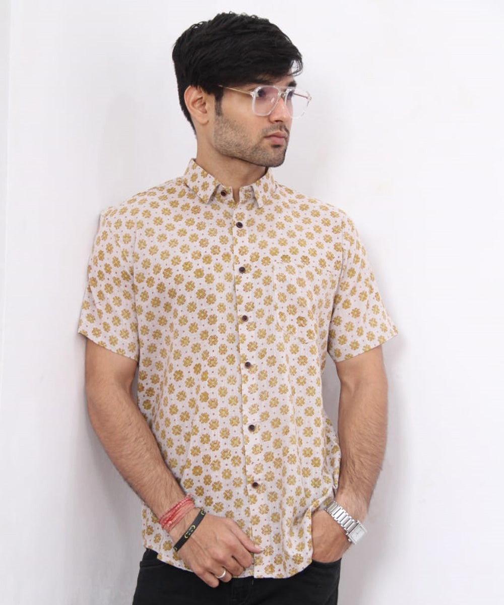 Offwhite butti diamond handblock printed cotton half sleeves shirt ...