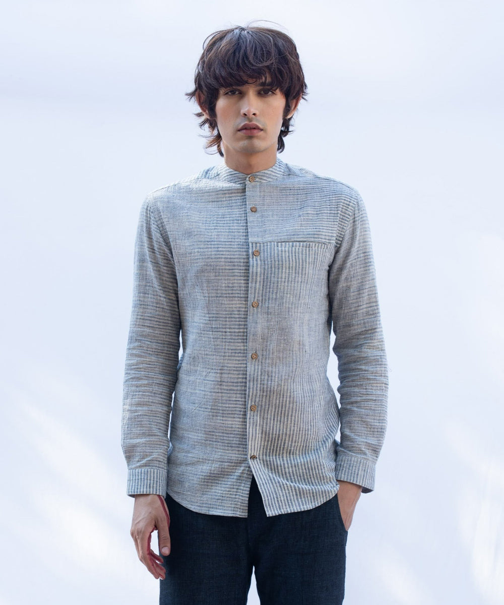 Blue handcrafted long sleeve kala cotton shirt with mandarin collar ...