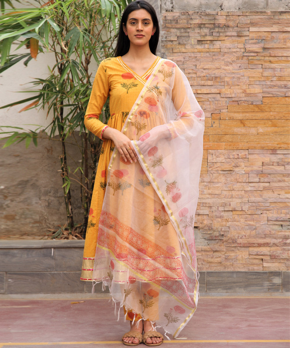 Yellow hand block printed cotton angrakha suit set of 3 – GoSwadeshi
