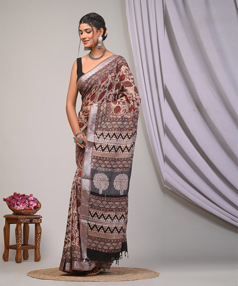 Brown rambha linen hand printed ajrakh saree – GoSwadeshi