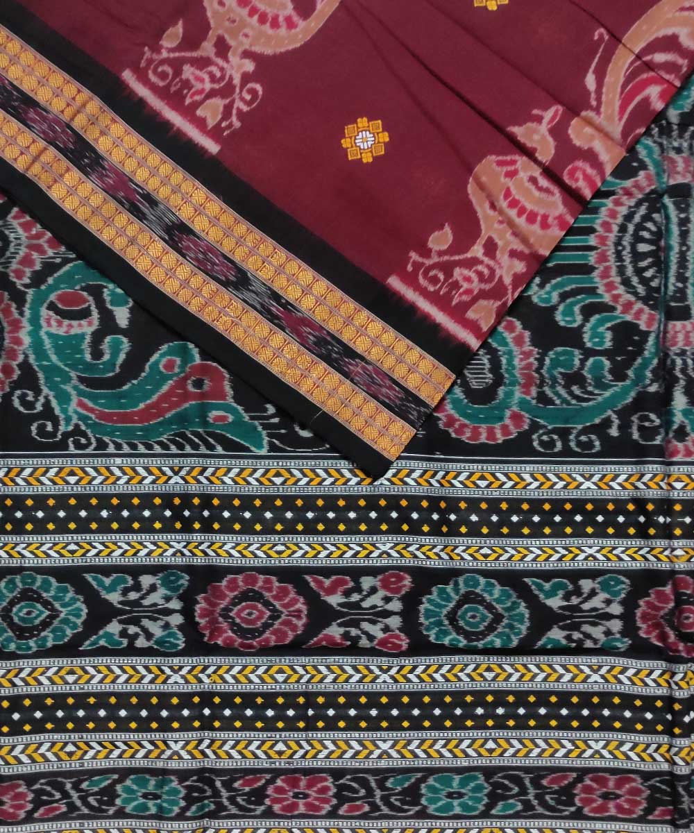 Maroon black cotton handloom bomkai saree – GoSwadeshi