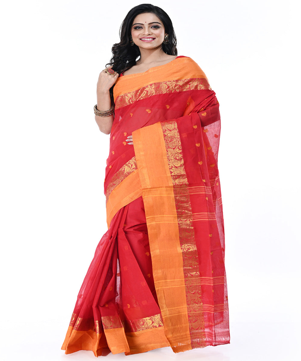 Red orange handwoven tangail cotton saree – GoSwadeshi