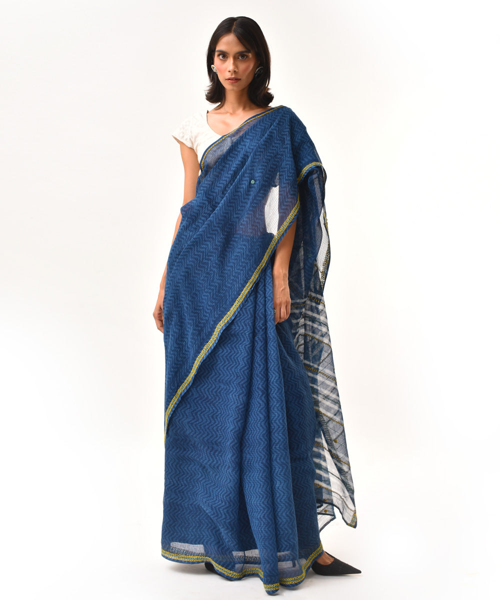 Indigo hand embroidered block print cotton saree – GoSwadeshi