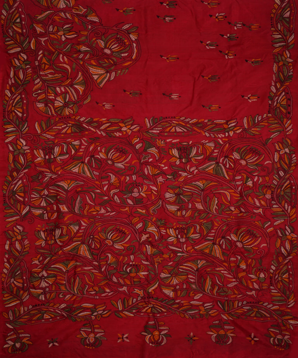 Deep carmine red tussar silk hand embroidery kantha saree – GoSwadeshi