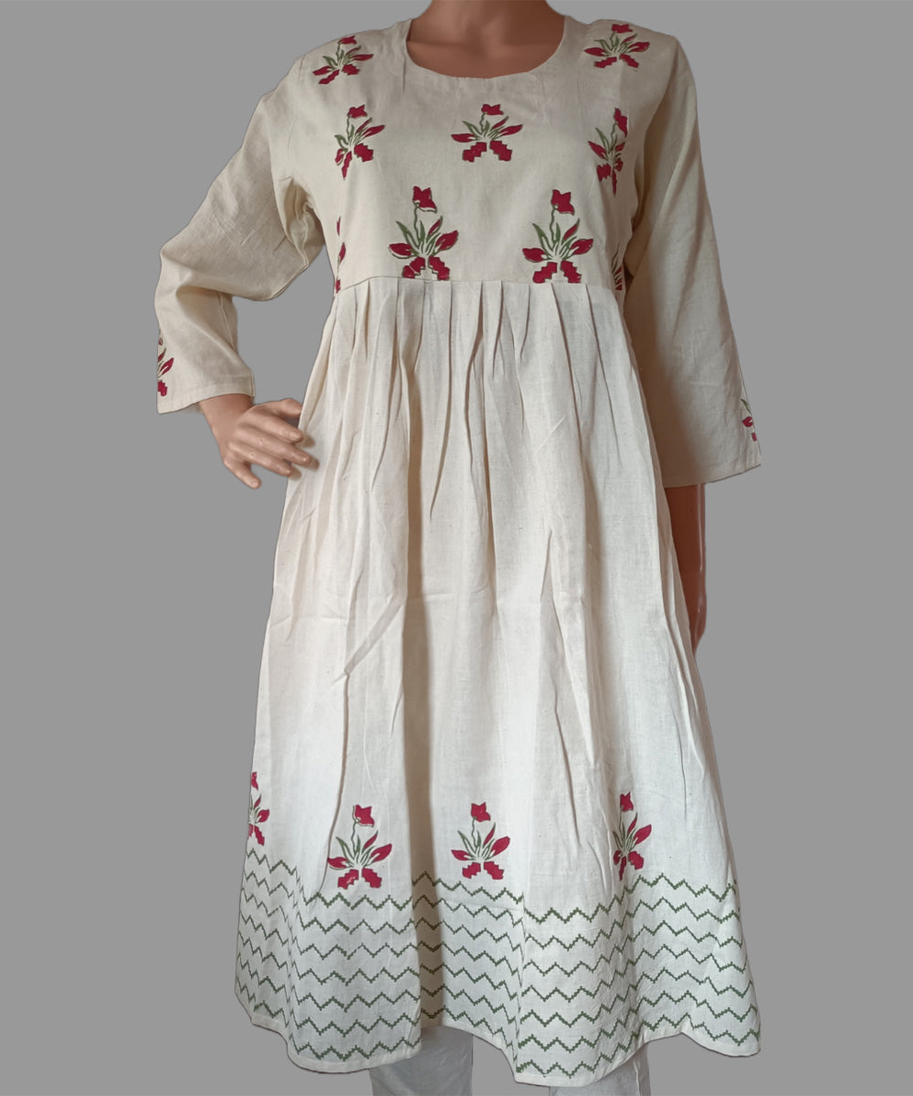 Beige red green hand block print handspun handwoven cotton kurti ...