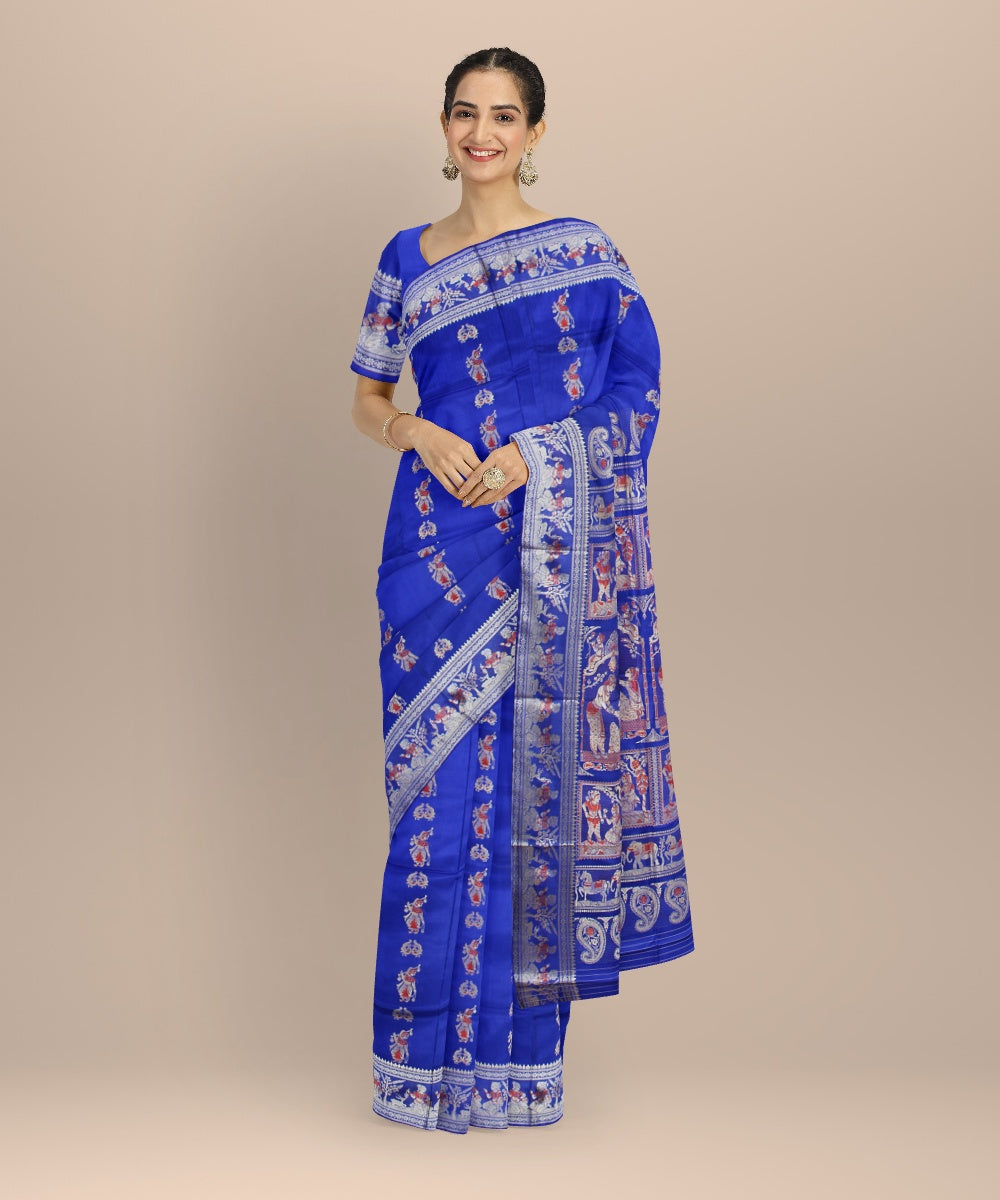 Royal blue white handwoven meenakari baluchari silk saree – GoSwadeshi