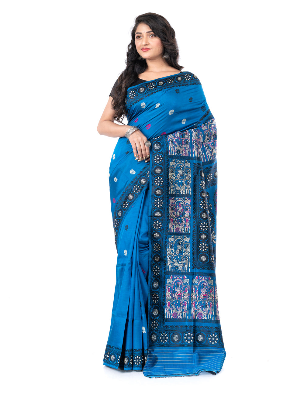 Blue handwoven malda silk minakari baluchari saree – GoSwadeshi