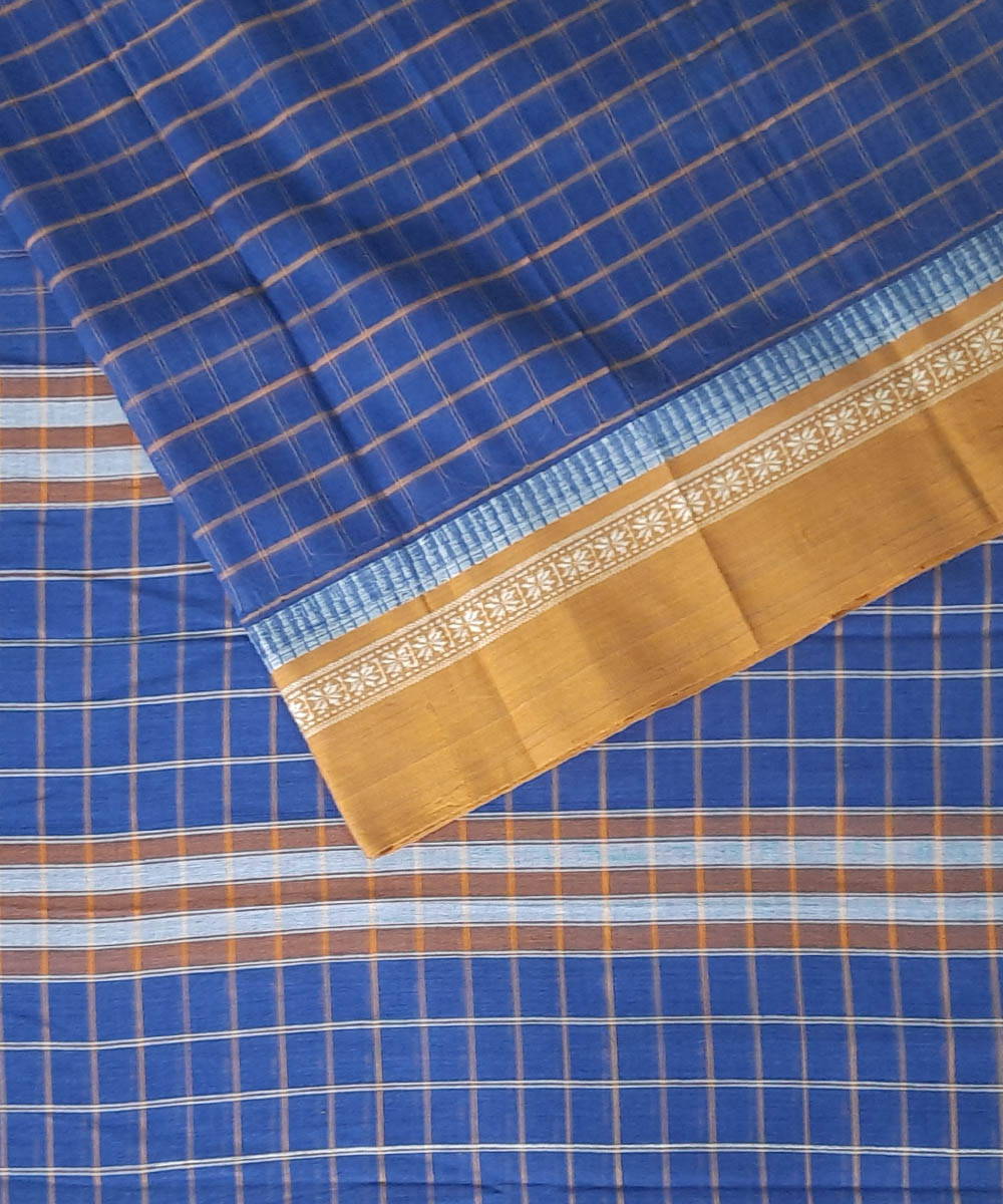 Navy cotton handwoven checks narayanpet saree – GoSwadeshi