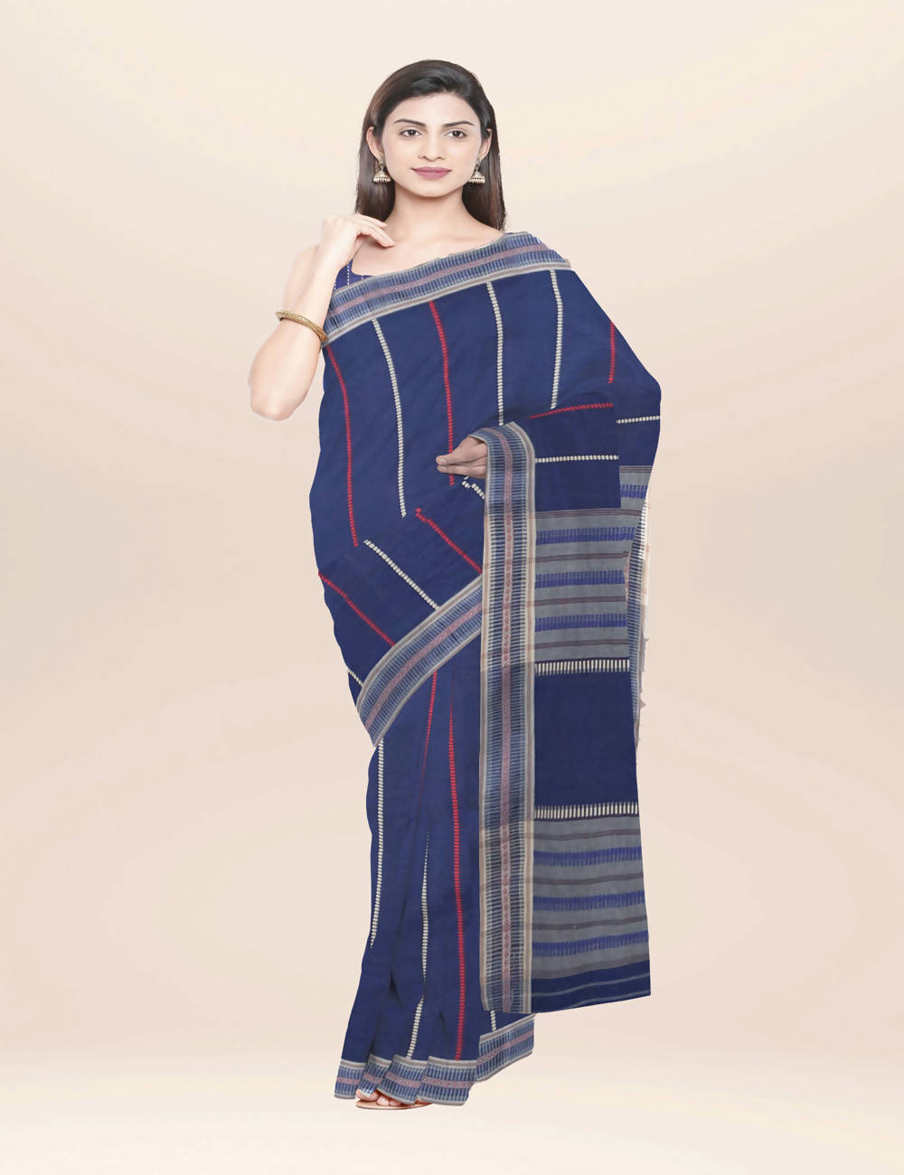 Navy blue dhonekhali handwoven cotton saree – GoCoop