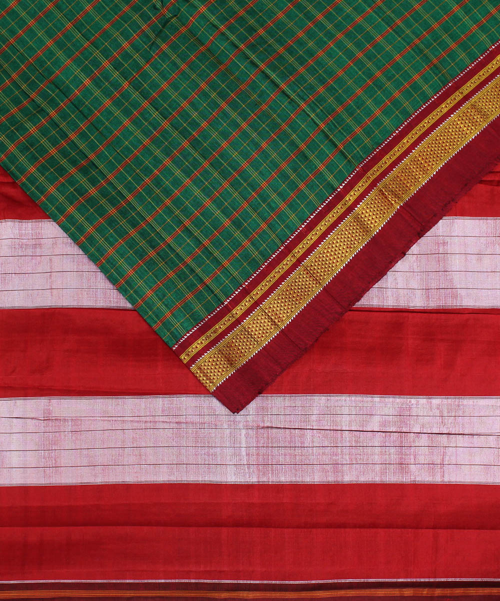 Dark green handwoven cotton art silk chikki paras border ilkal sari ...