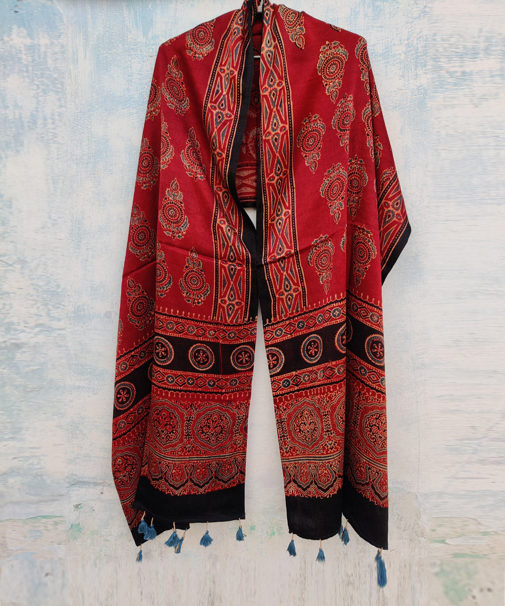 Red hand printed cotton mashru silk ajrakh stole – GoSwadeshi