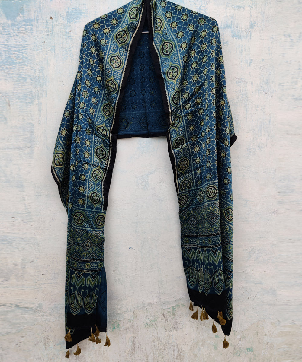 Navy hand printed cotton mashru silk ajrakh stole – GoSwadeshi