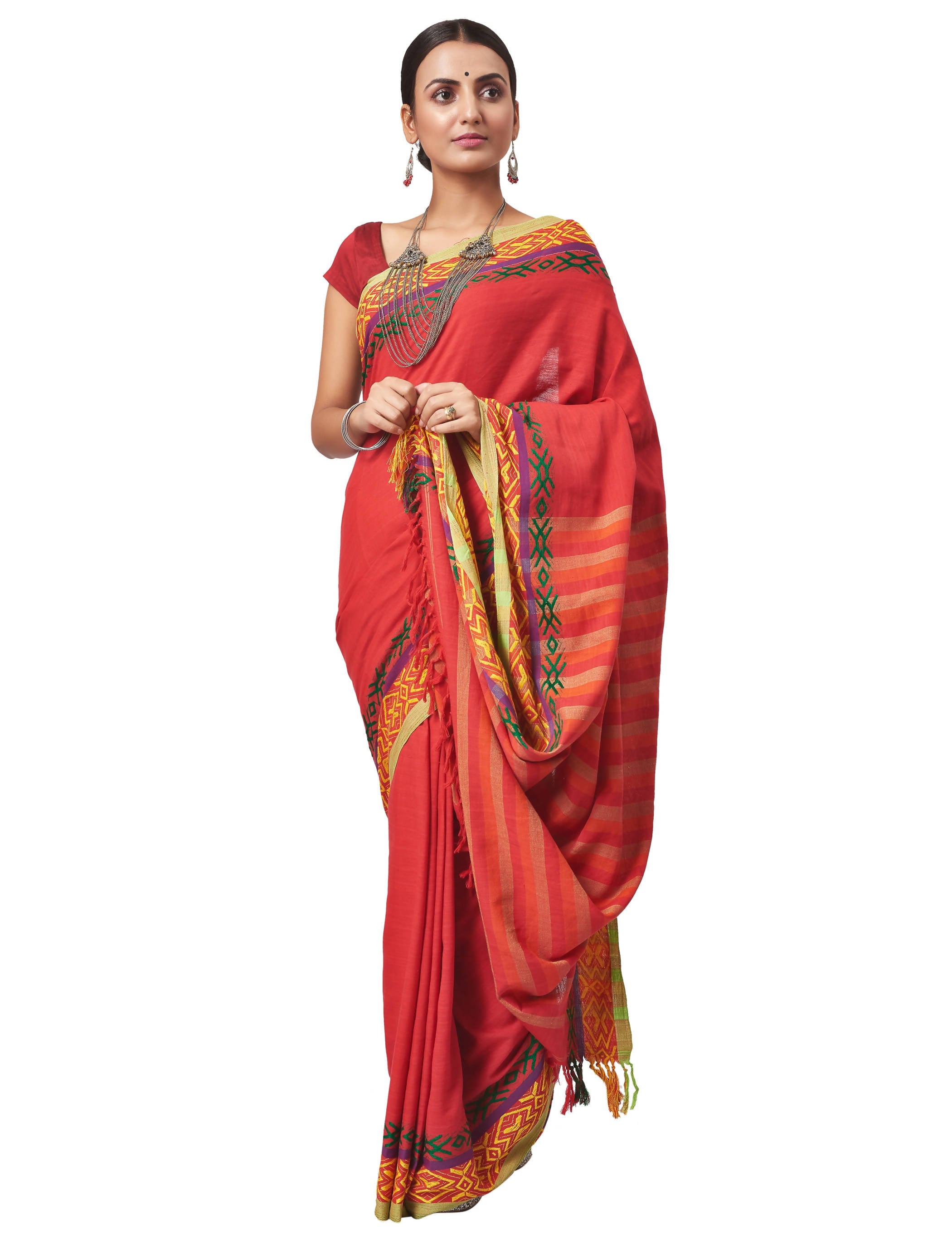 Biswa bangla handwoven red dokhna cotton saree – GoSwadeshi