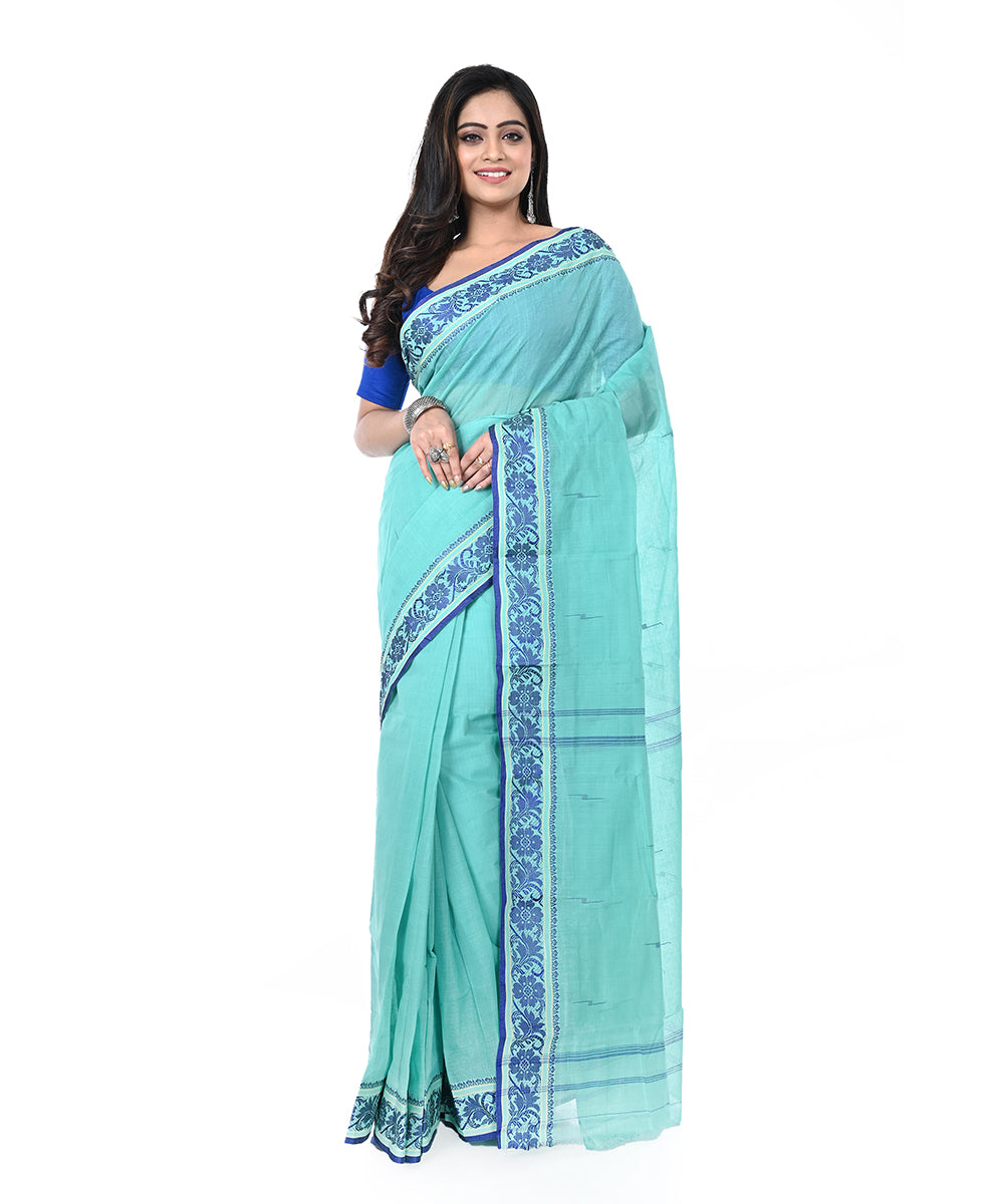 Cyan blue handwoven cotton shantipuri saree – GoSwadeshi
