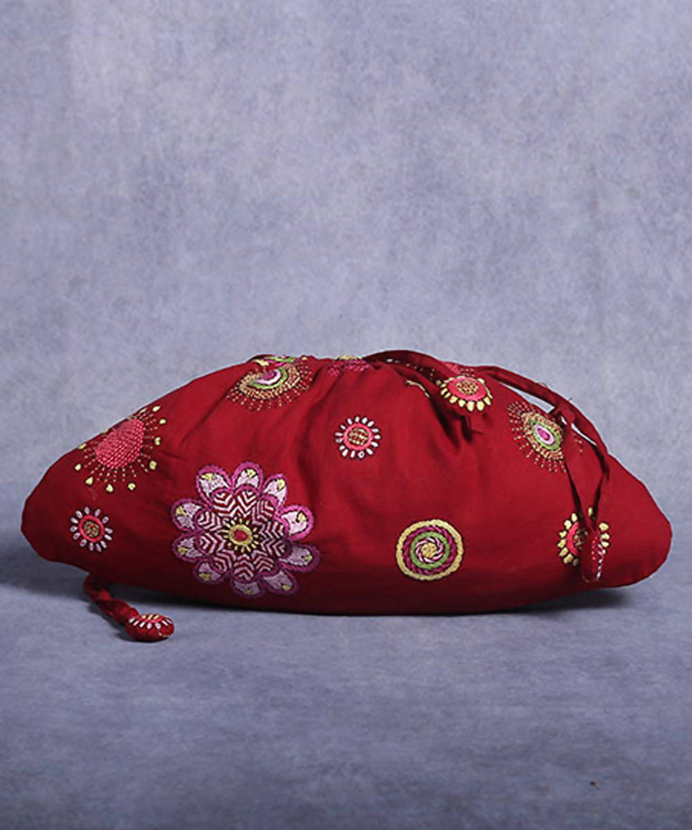 Maroon base hand made kantha stitch cotton batua bag – GoSwadeshi